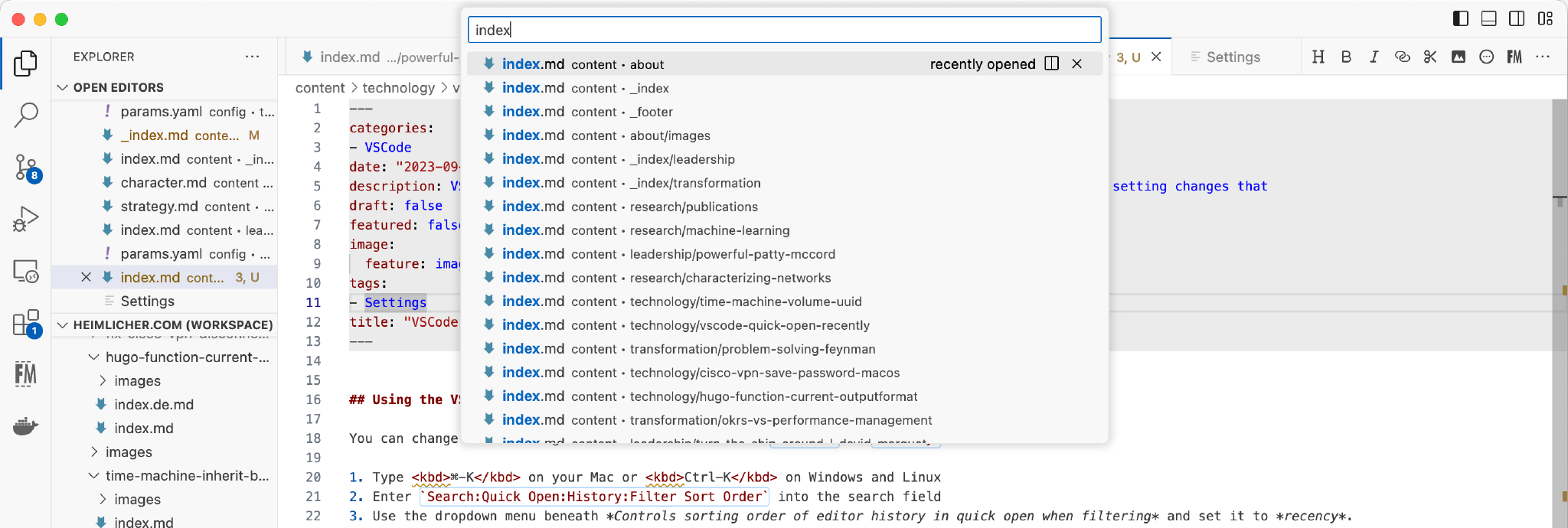 VSCode: Order files in Quick Open by recency